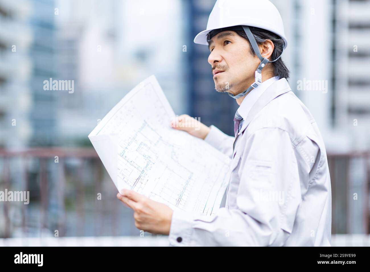 Man looking at blueprints Stock Photo - Alamy