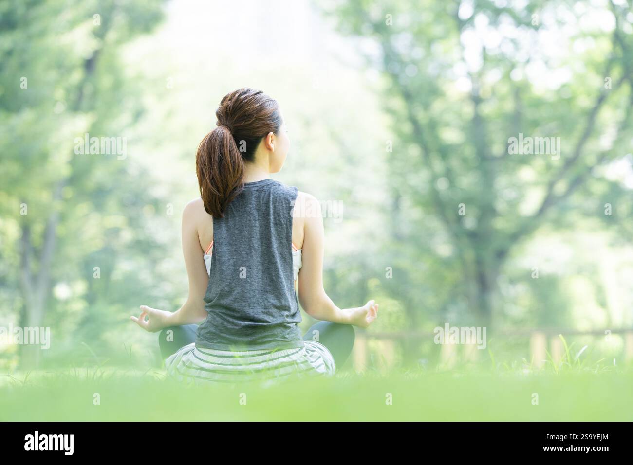 Woman doing yoga/stretching in park, back view Stock Photo - Alamy