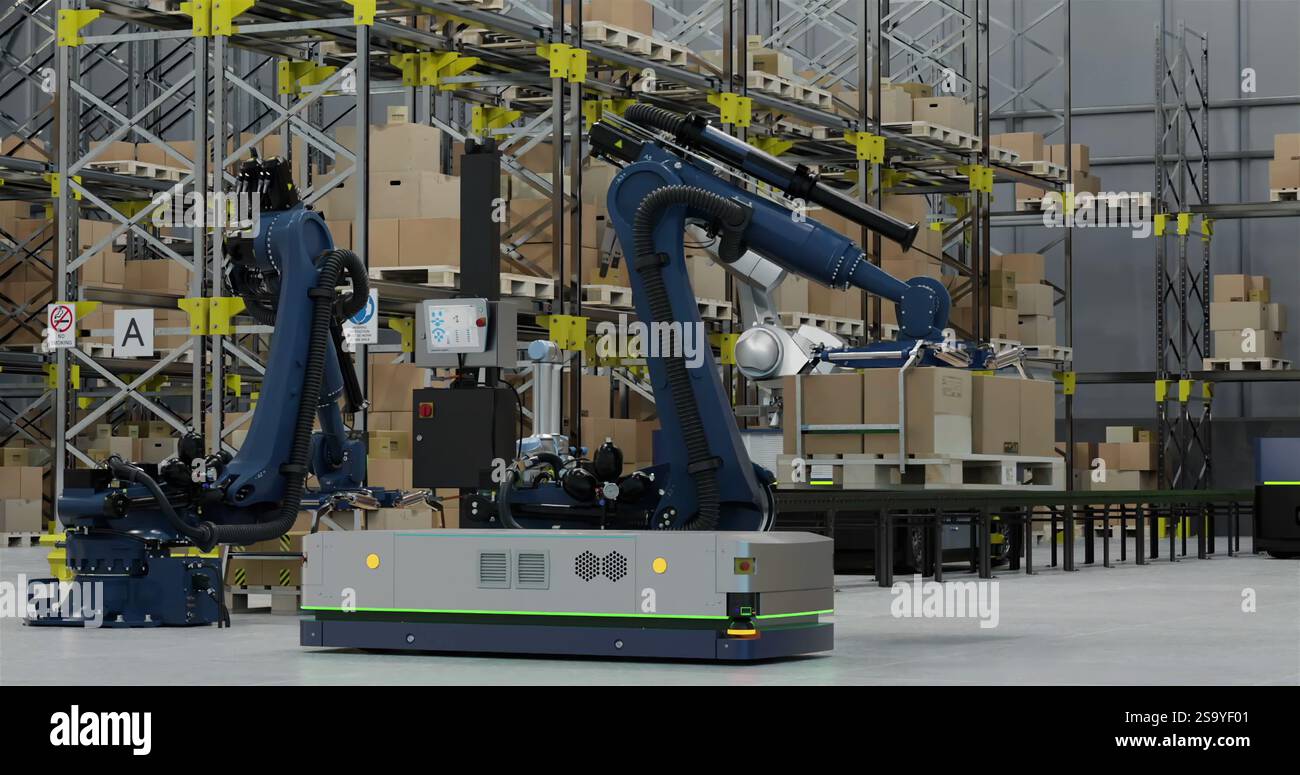 Image of robots and drones working in warehouse Stock Photo - Alamy