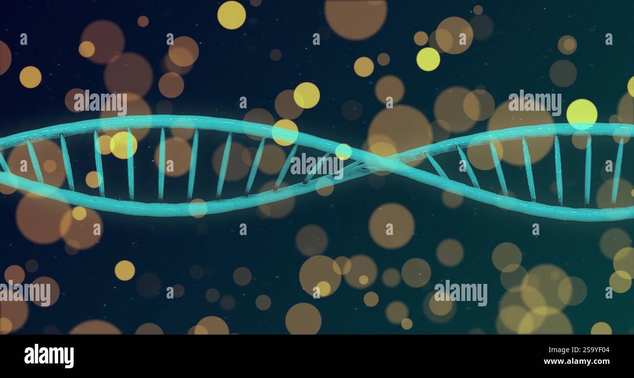 Image of spots and shapes over dna strand Stock Photo - Alamy
