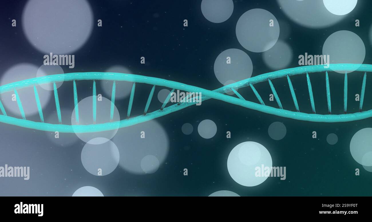 Image of spots and shapes over dna strand Stock Photo - Alamy