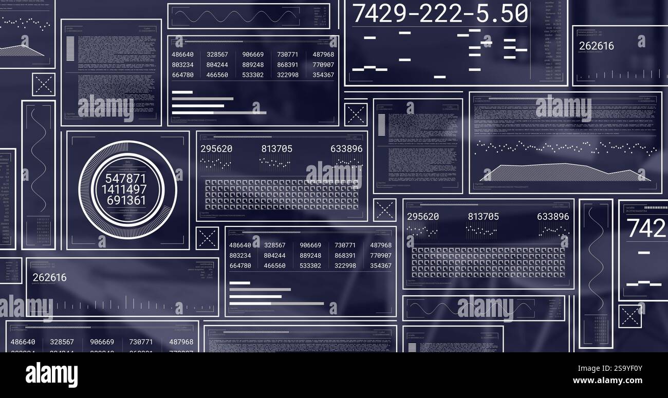 Image of data processing and diagrams over empty office Stock Photo - Alamy