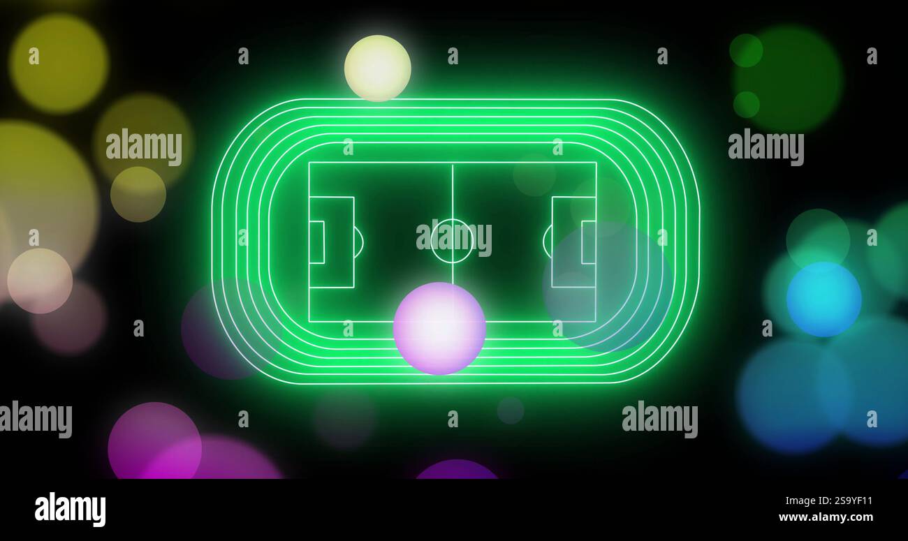 Image of neon football field with glowing spots of light on black ...