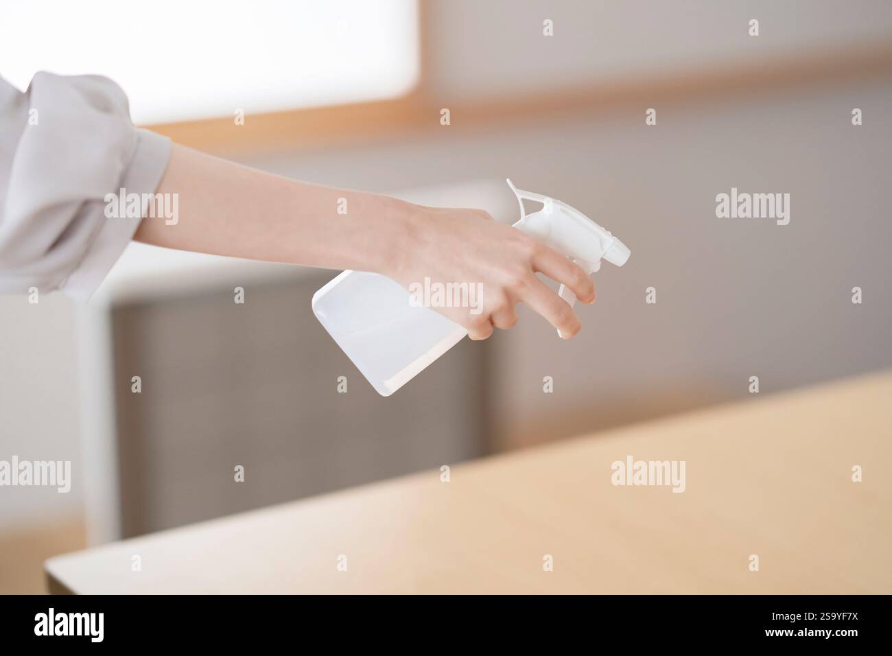 Woman disinfecting and sterilising room with spray Stock Photo - Alamy