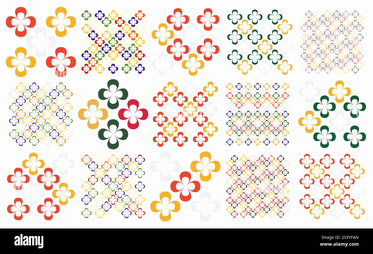 Set of seamless linear patterns featuring colorful floral shapes on a ...