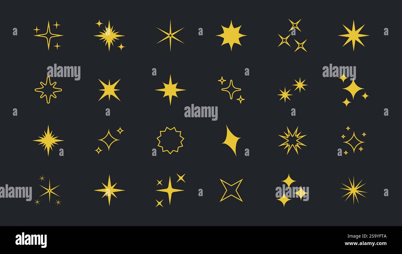 Set of contemporary yellow star sparkle shapes. Abstract shine effect vector sign. Retro ...