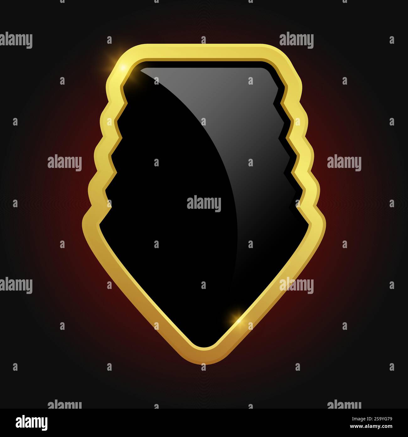 Black shield with glossy bright golden frame isolated on red background ...
