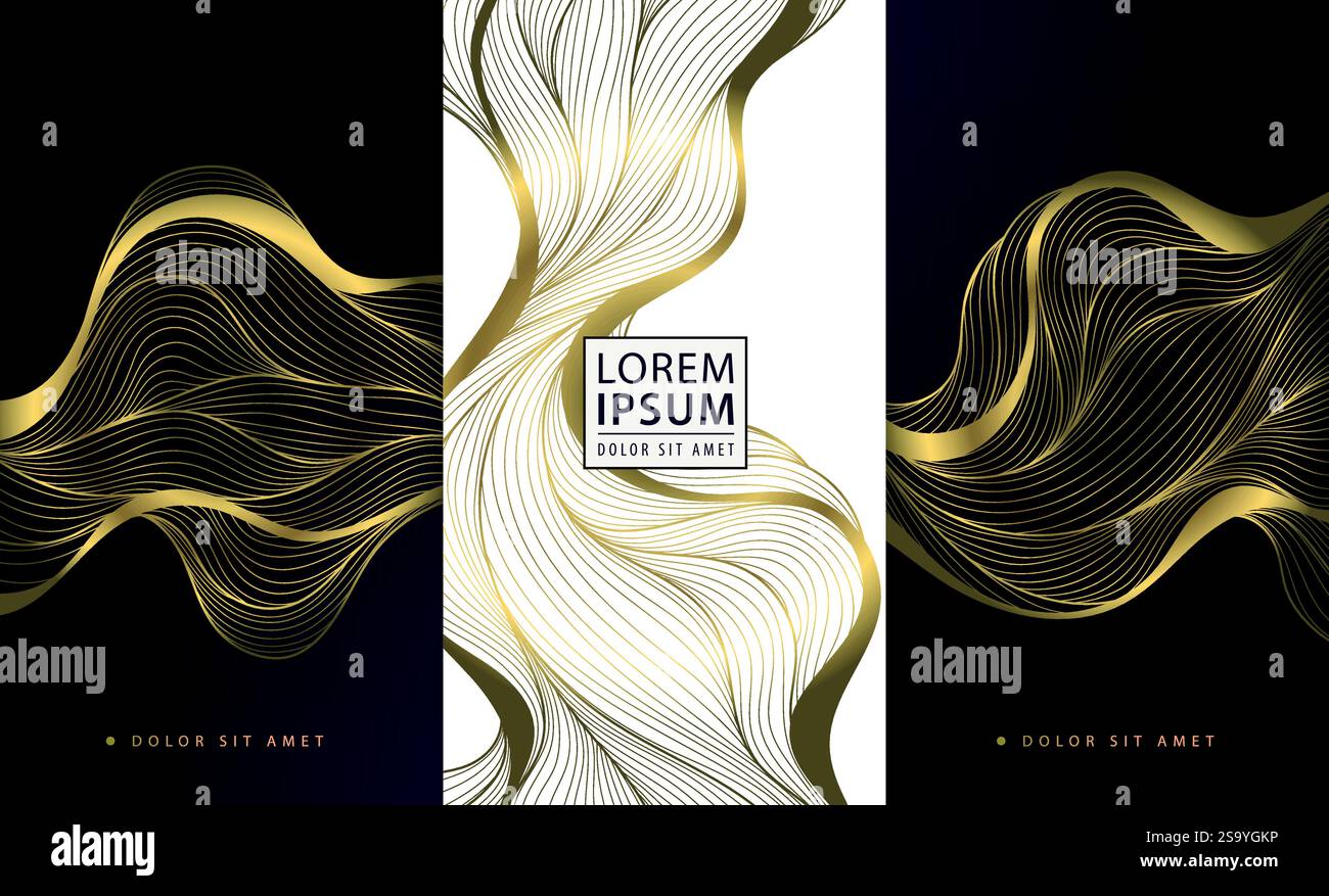 Vector set of line wave luxury patterns, fancy labels, wine package ...