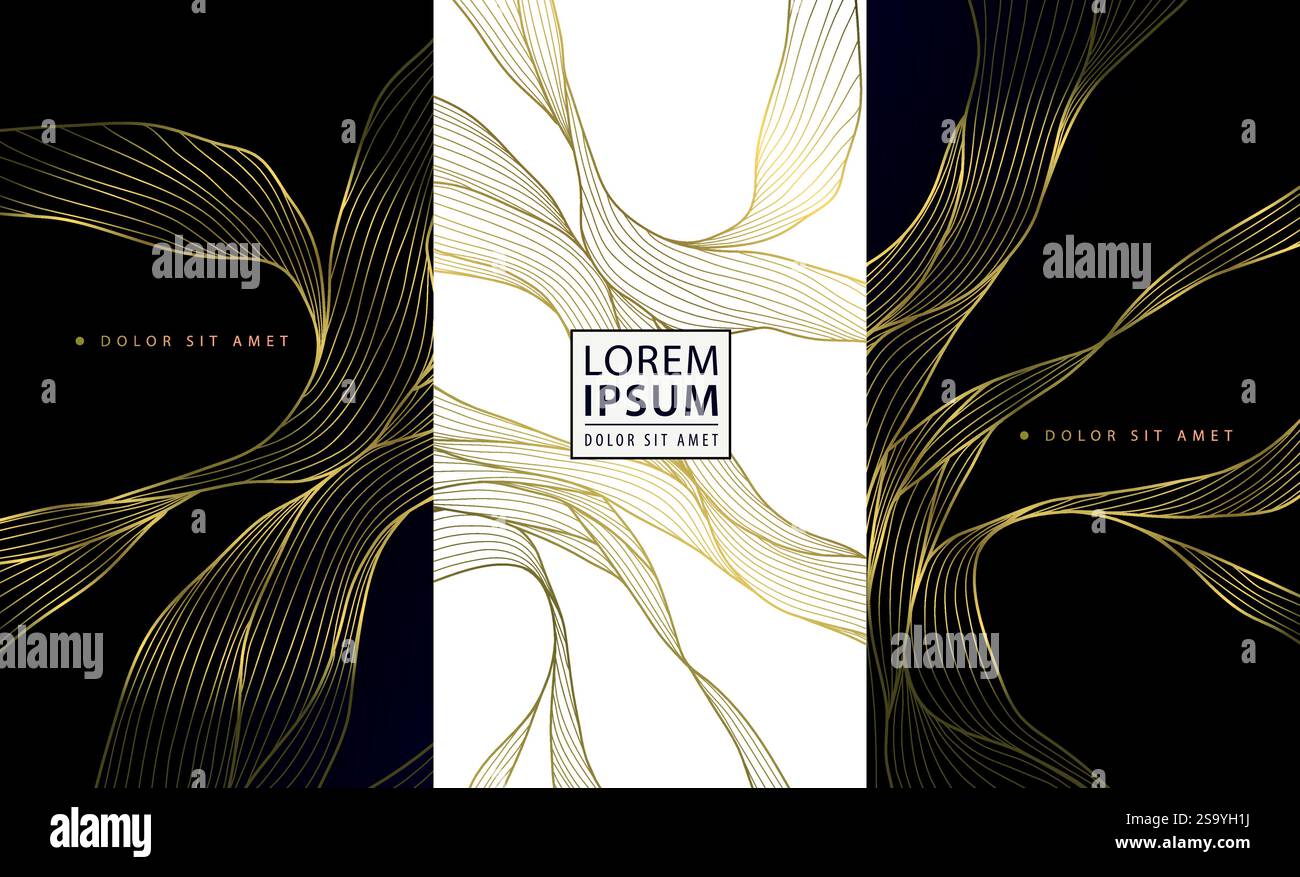Vector set of line wave luxury patterns, fancy labels, wine package ...
