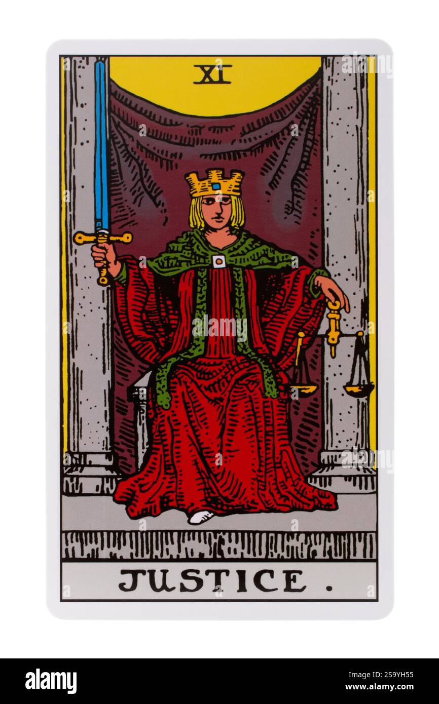 Justice tarot card on white background Stock Photo - Alamy
