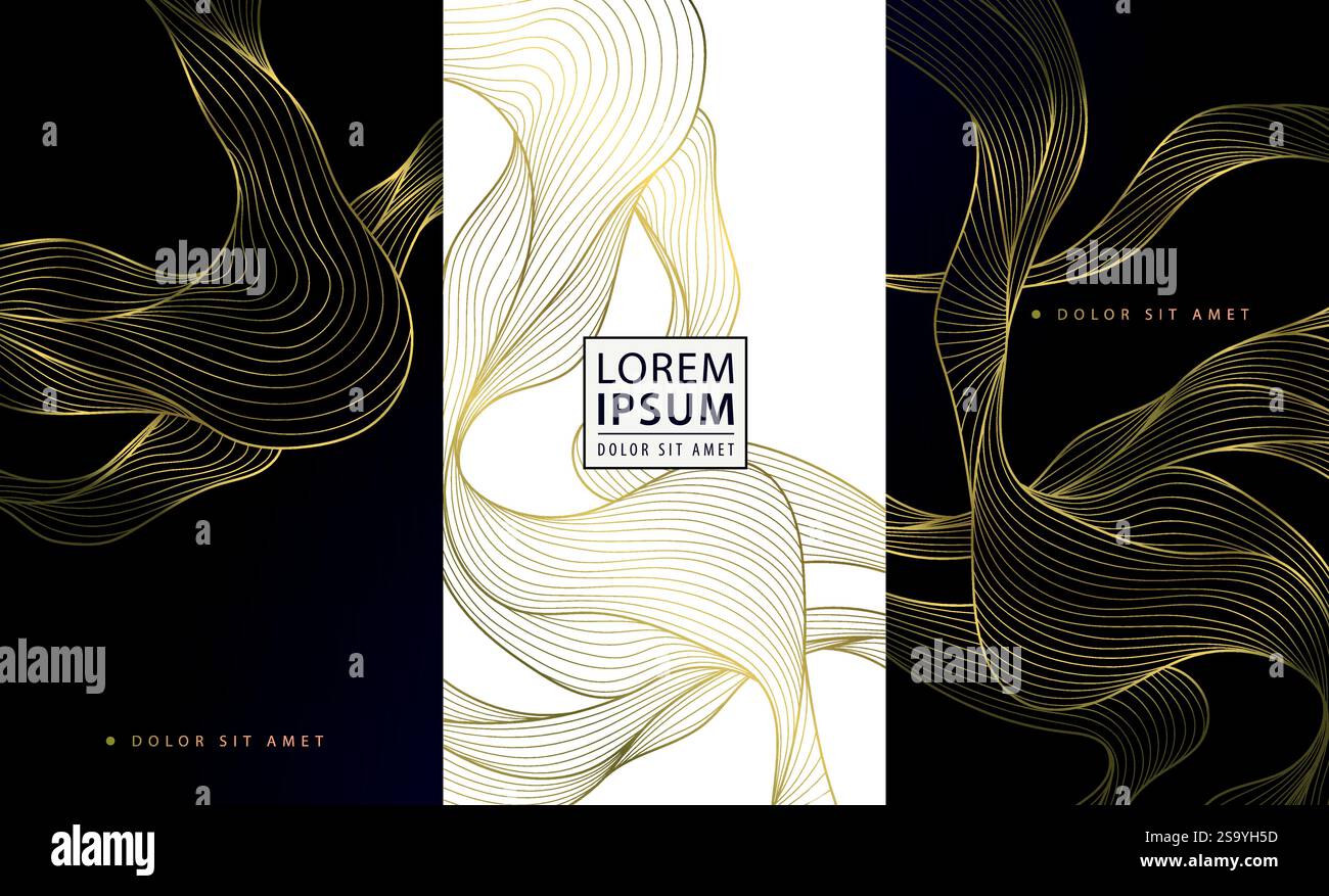 Vector set of line wave luxury patterns, fancy labels, wine package ...