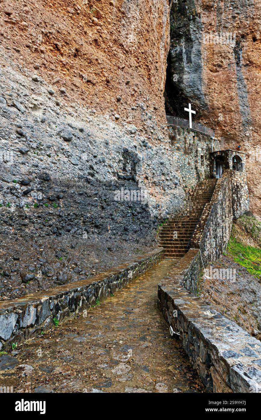 Panagia tou Vrahou Monastery in Kato Tarsos, Greece, carved into a ...
