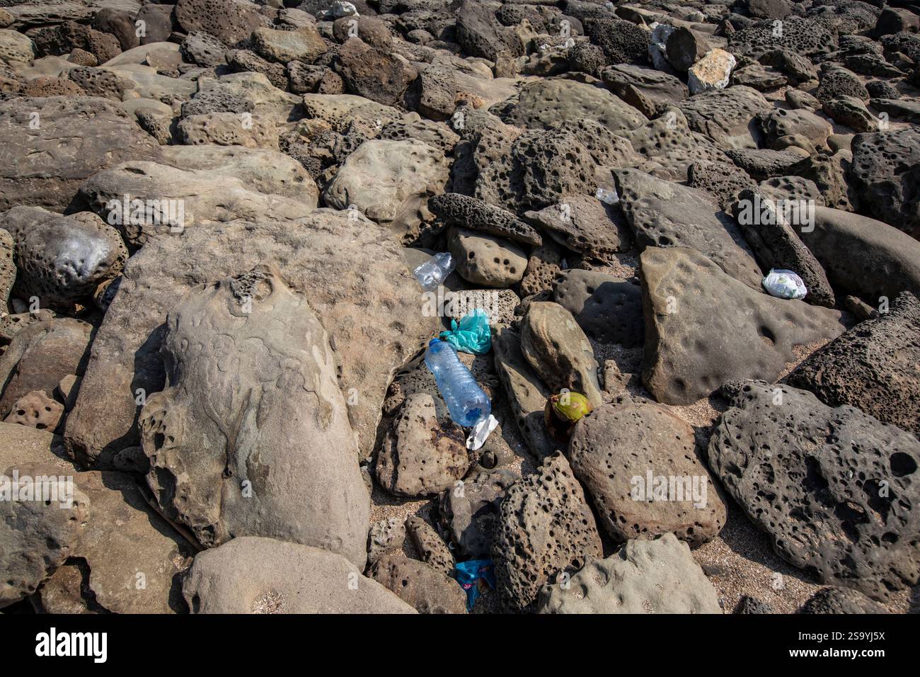 Plastic waste scattered among the coral stones on the beach of Saint ...