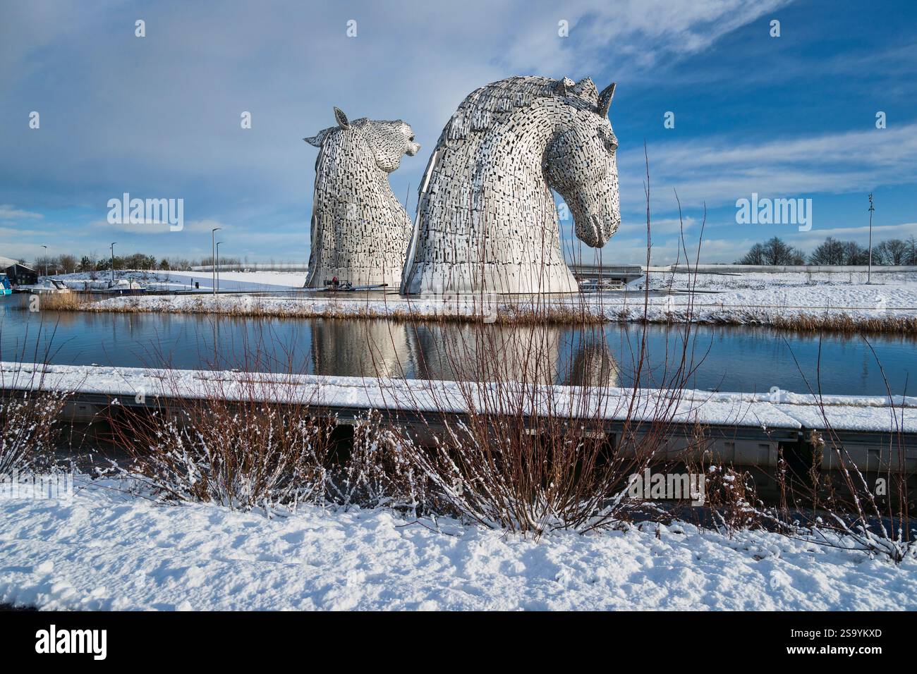 Kelpies in winter snow, Helix Park, Falkirk, Scotland, UK Stock Photo ...