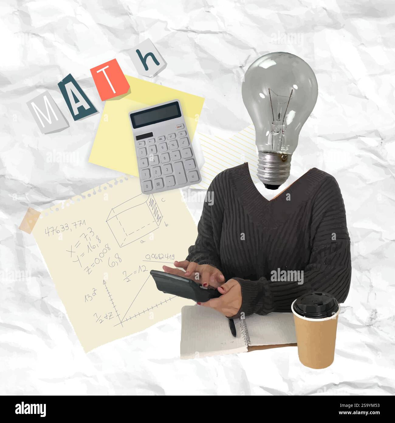 Back to school math collage with calculator and study notes, vector ...