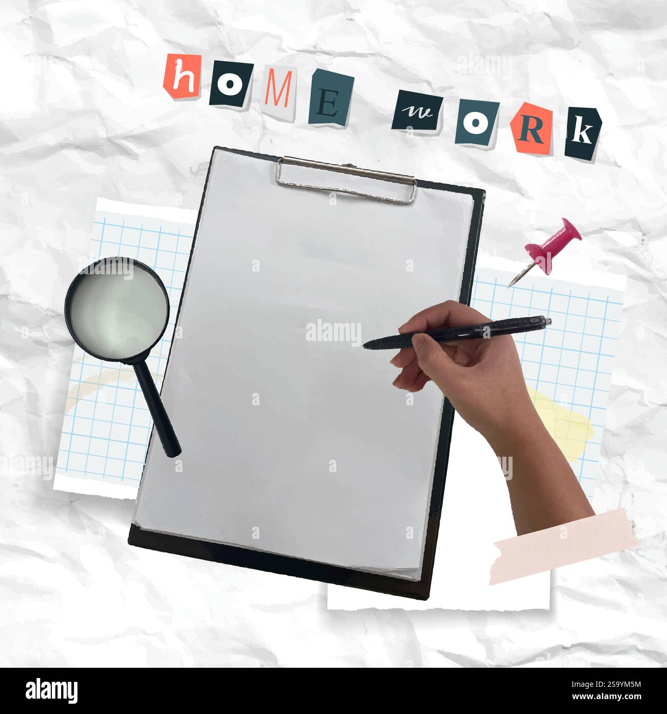 Back to school homework collage featuring a blank clipboard and study ...