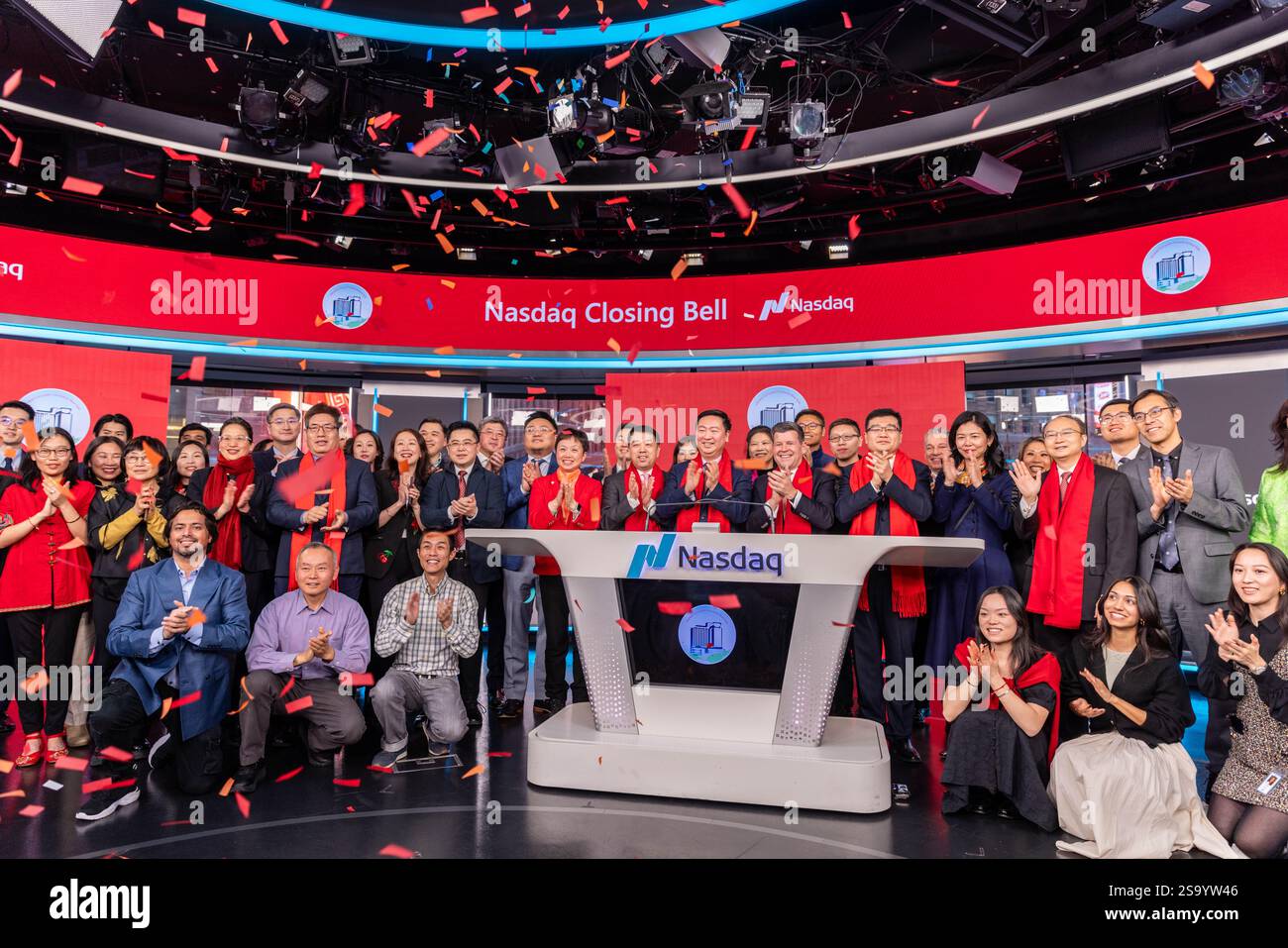 New York, USA. 27th Jan, 2025. Guests take part in a closing bell ceremony held by Nasdaq and ...