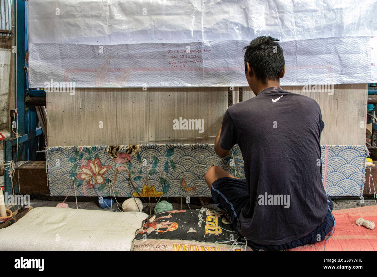 Carpet Factory workers weaving carpets. Bouddha, Kathmandu, Nepal Stock ...
