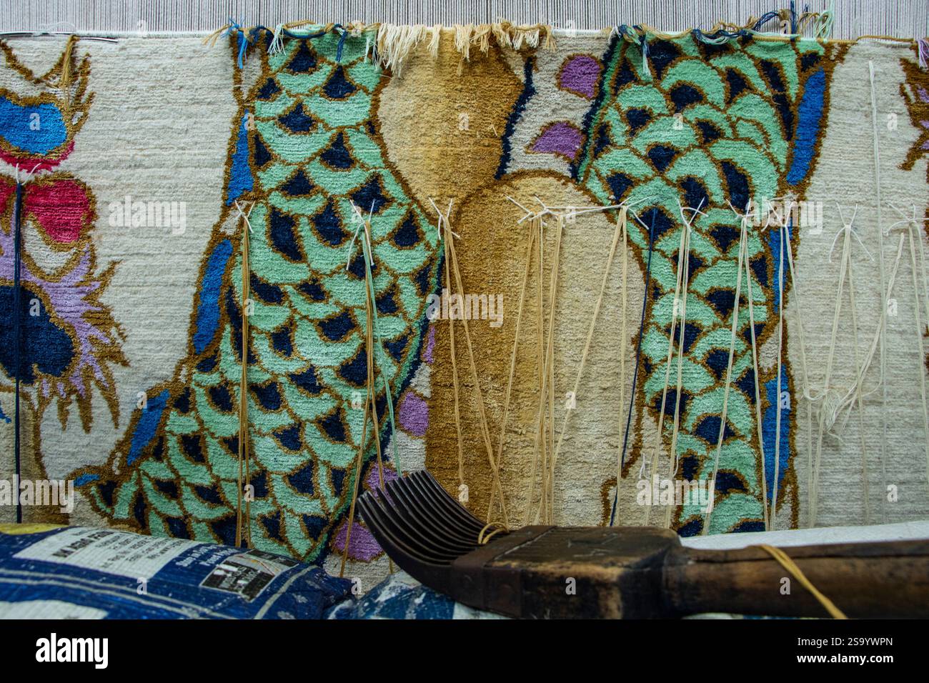 Carpet Factory workers' weaving tools. Bouddha, Kathmandu, Nepal Stock ...