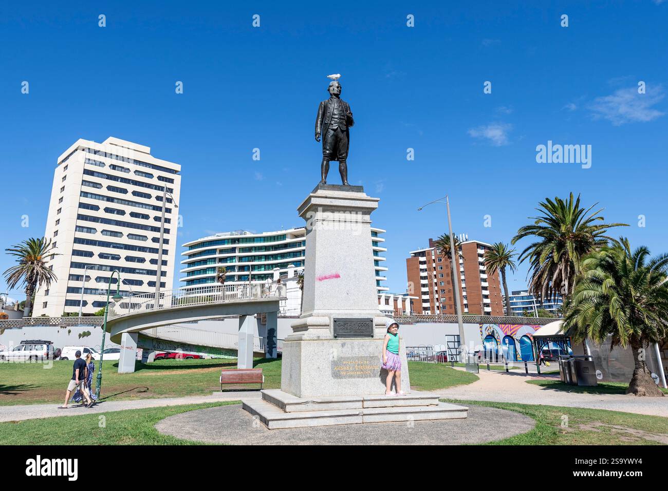 Capt. James Cook memorial statue, St Kilda foreshore on a sunny day ...