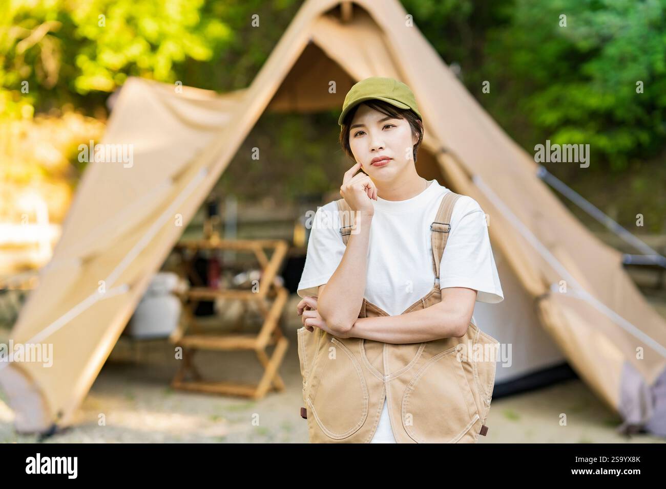 Woman camping solo showing negative emotions Stock Photo - Alamy