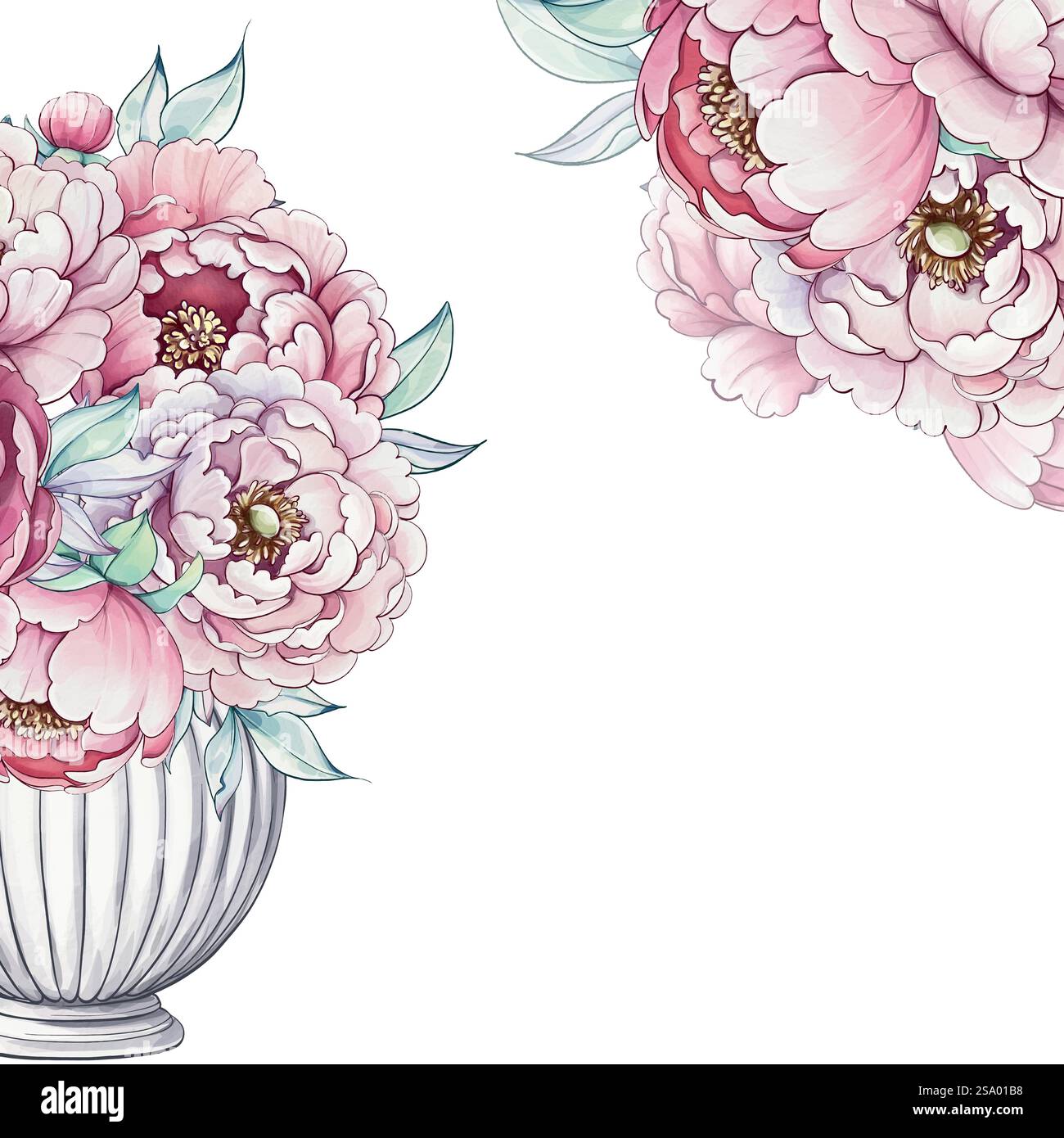 An elegant display of watercolor blooms showcases soft pink peonies and ...