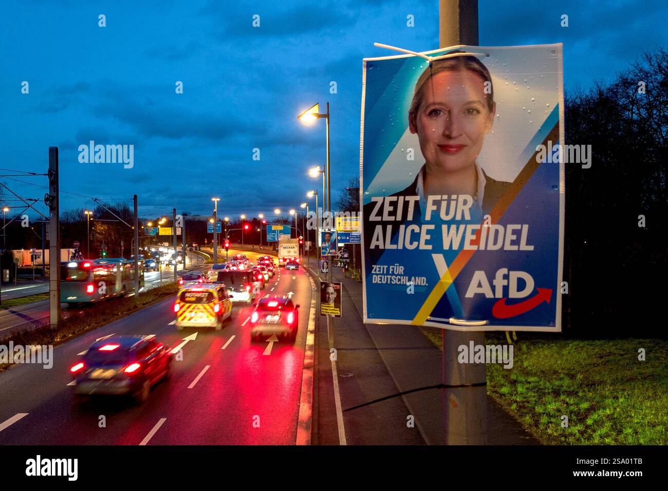 An election poster showing AfD top candidate Alice Weidel is fixed high ...