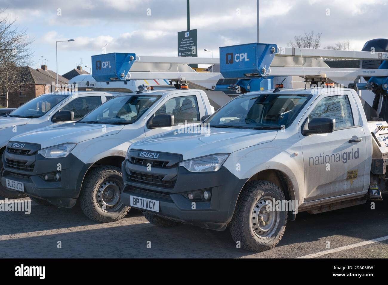 National Grid trucks parked in Morrisons carpark Dumfries town centre ...