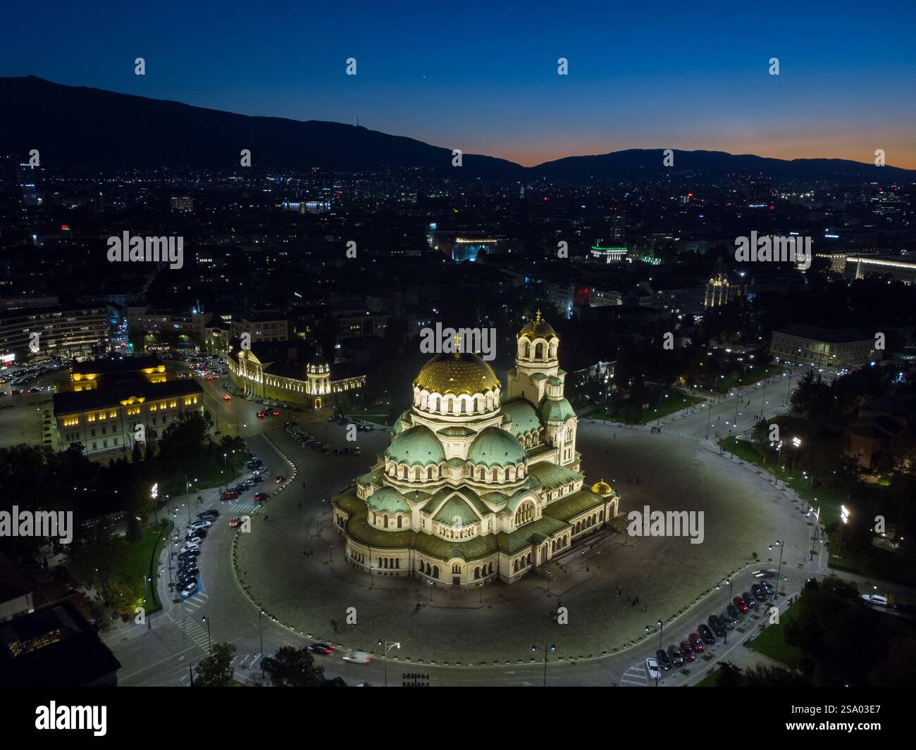 Night drone view over the Alexander Nevsky Cathedral in downtown of capital of Bulgaria - Sofia ...