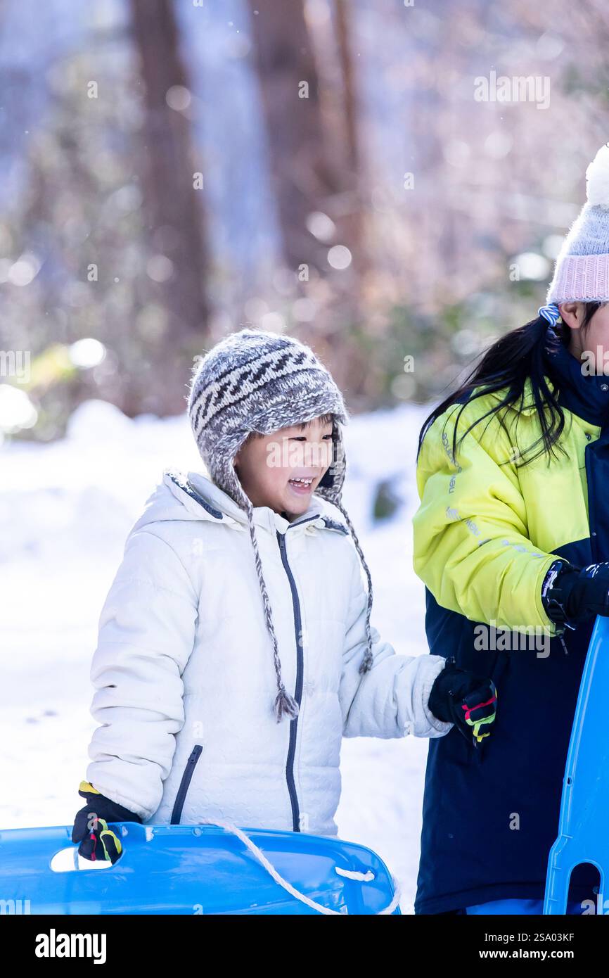 Brother sister playing sled hi-res stock photography and images - Alamy