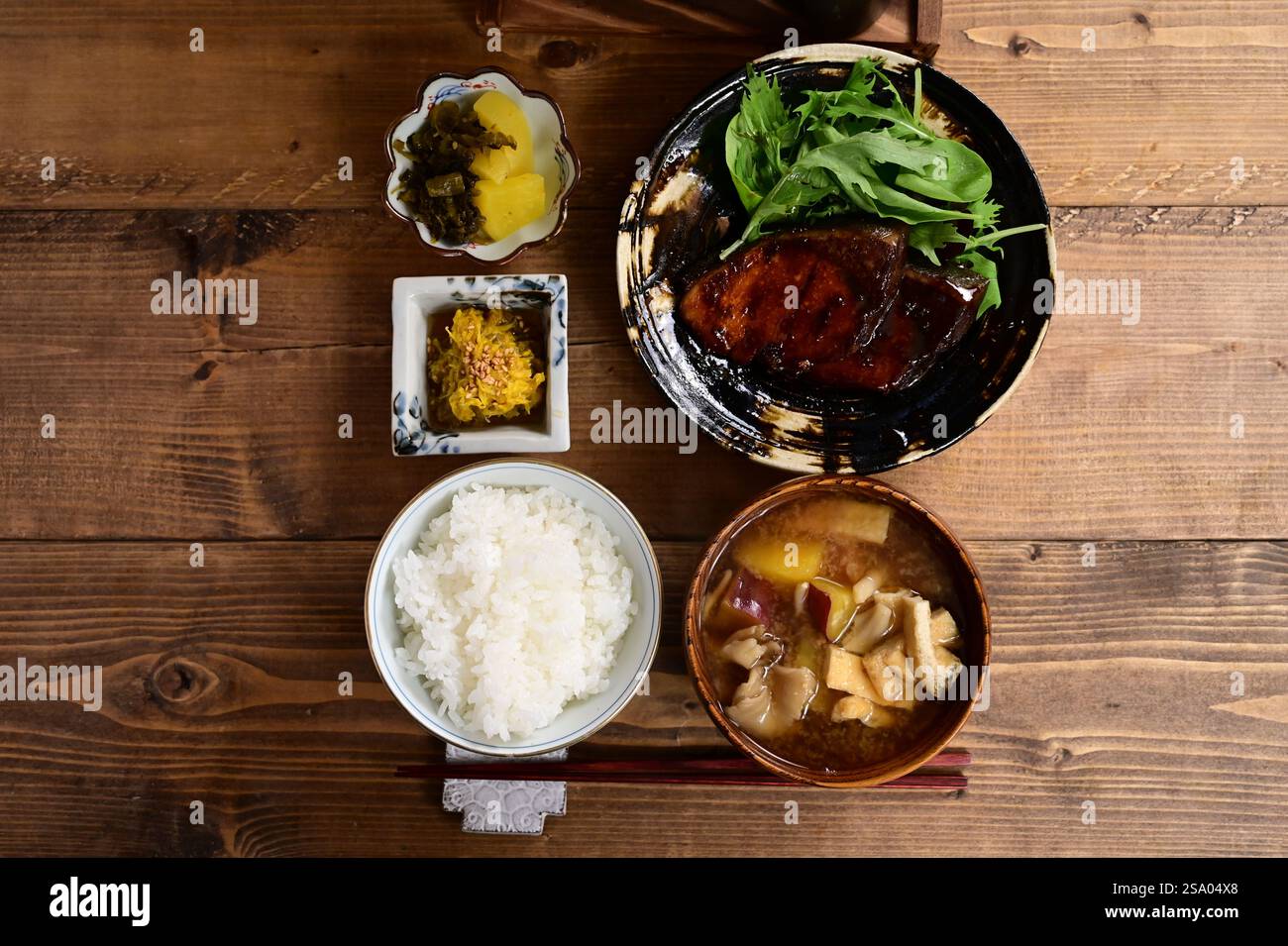 One soup two dishes, Grilled yellowtail with teriyaki sauce and soaked ...