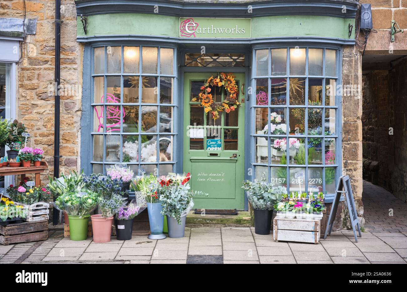 Earthworks flower shop at the market town of Uppingham, England Stock ...