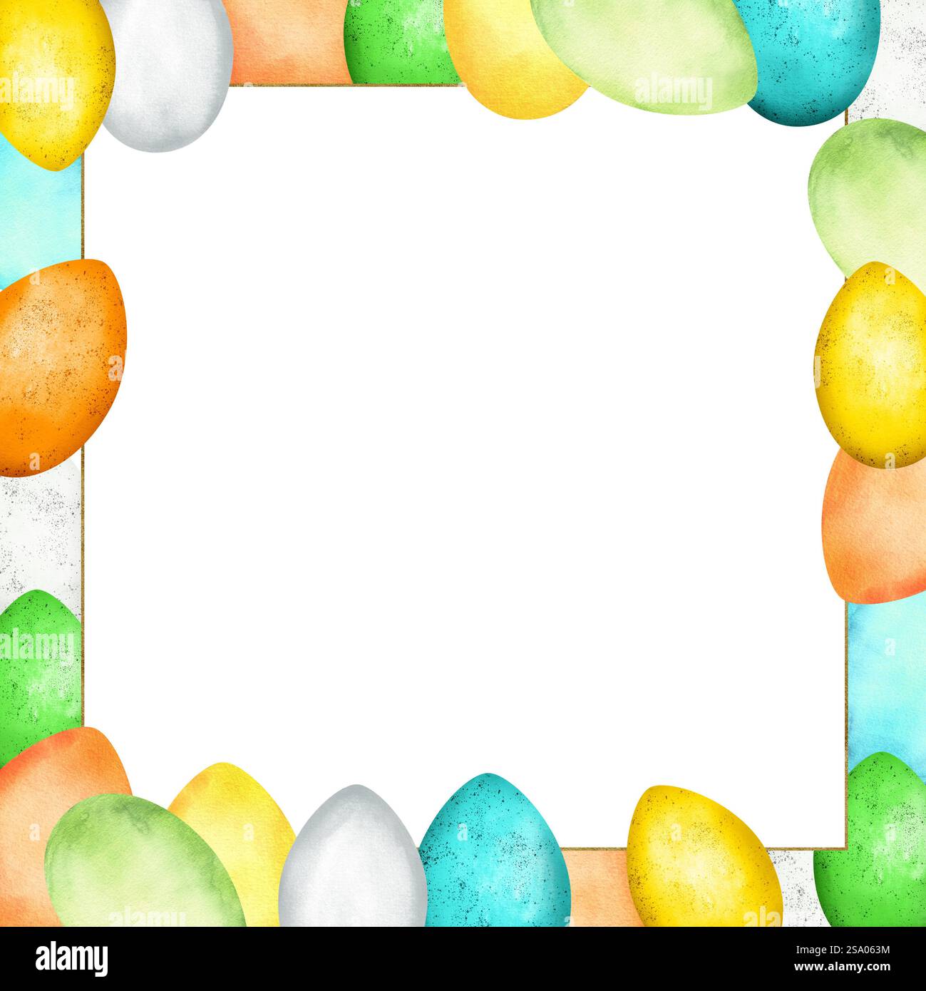 Easter postcard with colorful eggs on the frame and big white square ...