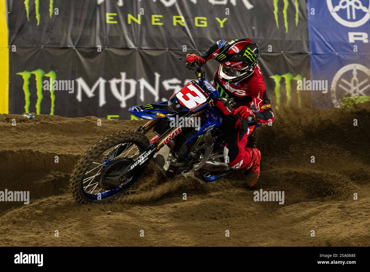Anaheim, United States. 25th Jan, 2025. Eli Tomac (3) rounds the final ...