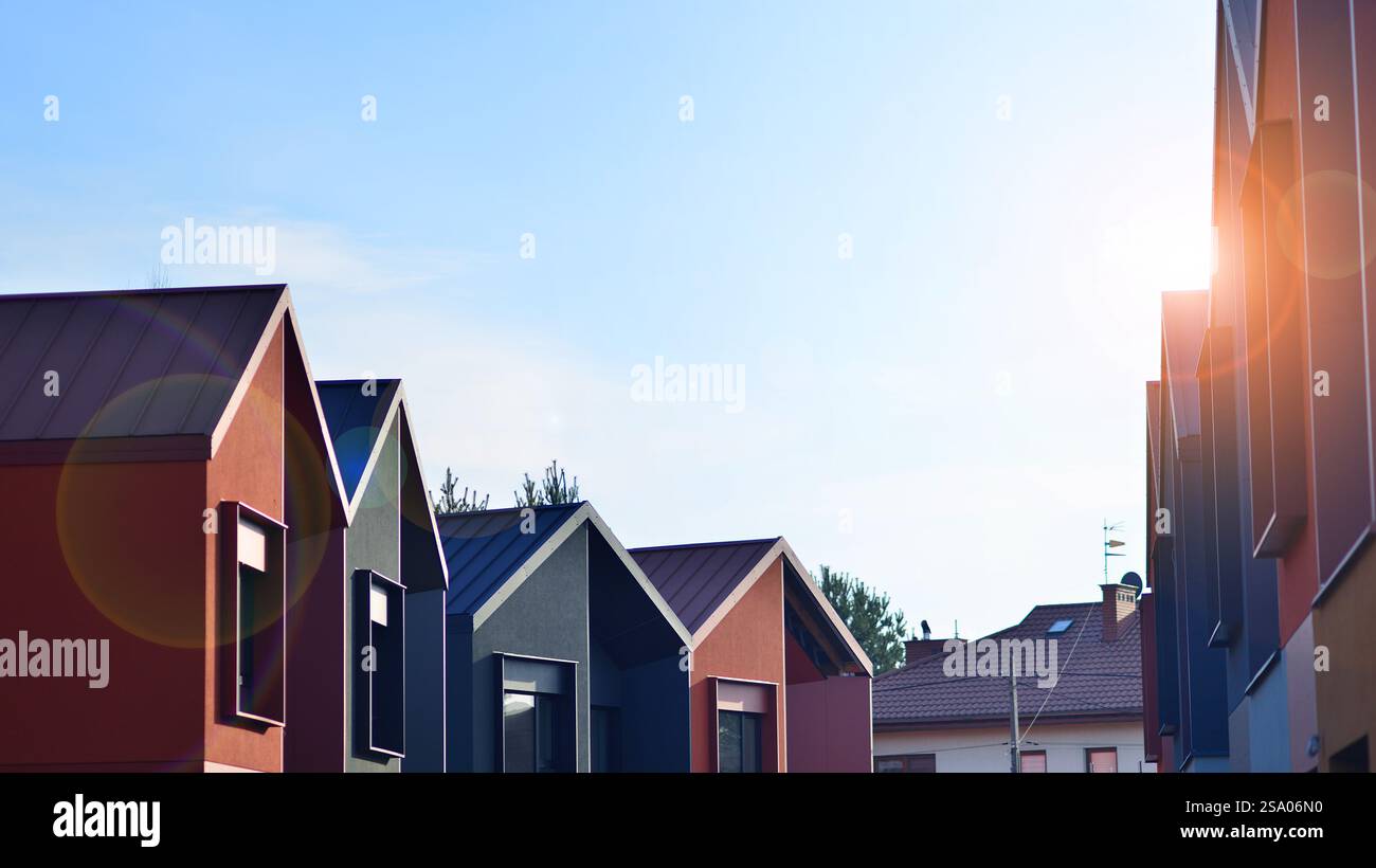 Terraced family homes in newly developed housing estate. The real ...