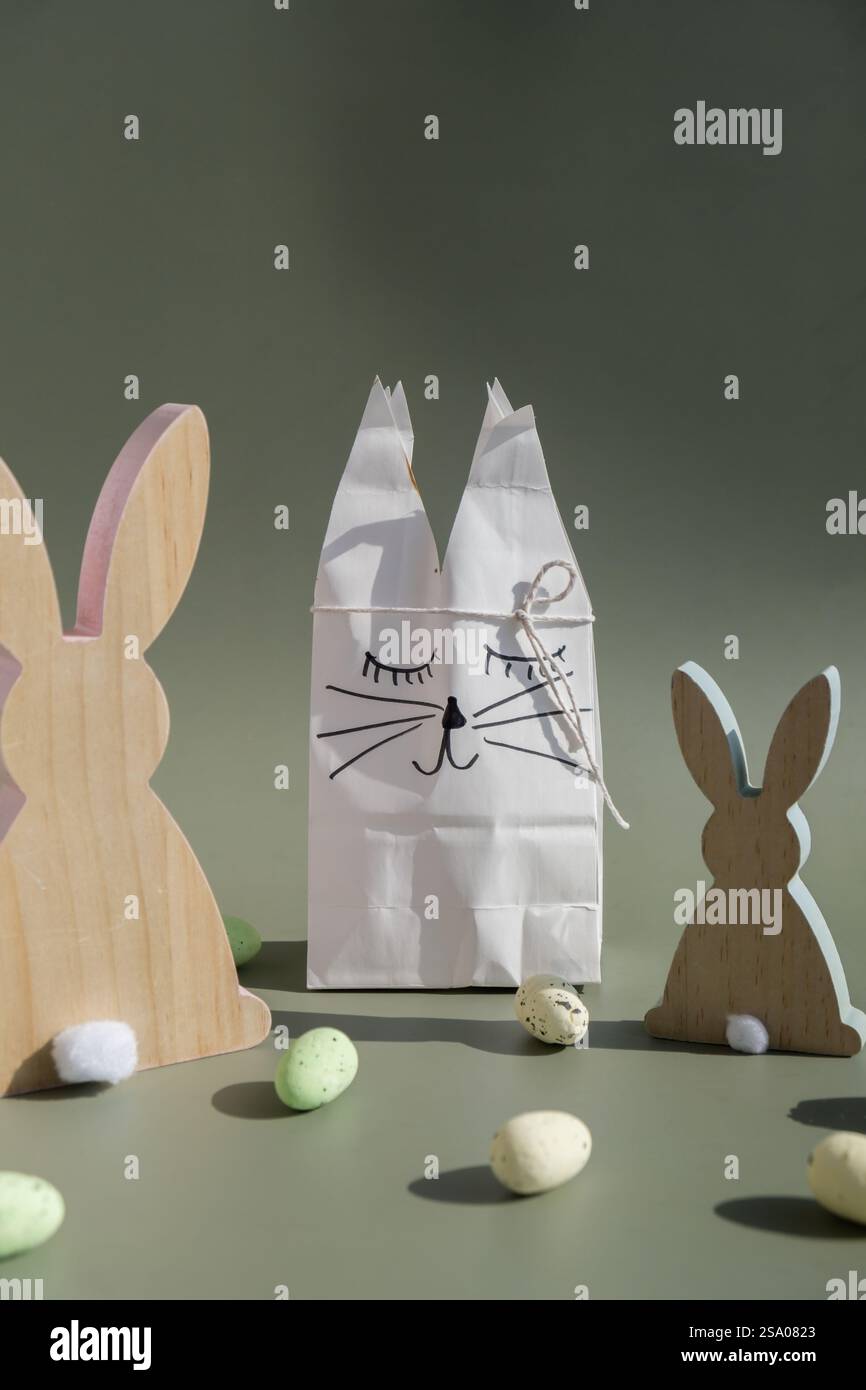 DIY candid Easter present paper bag bunny arrangement decor. Series of ...