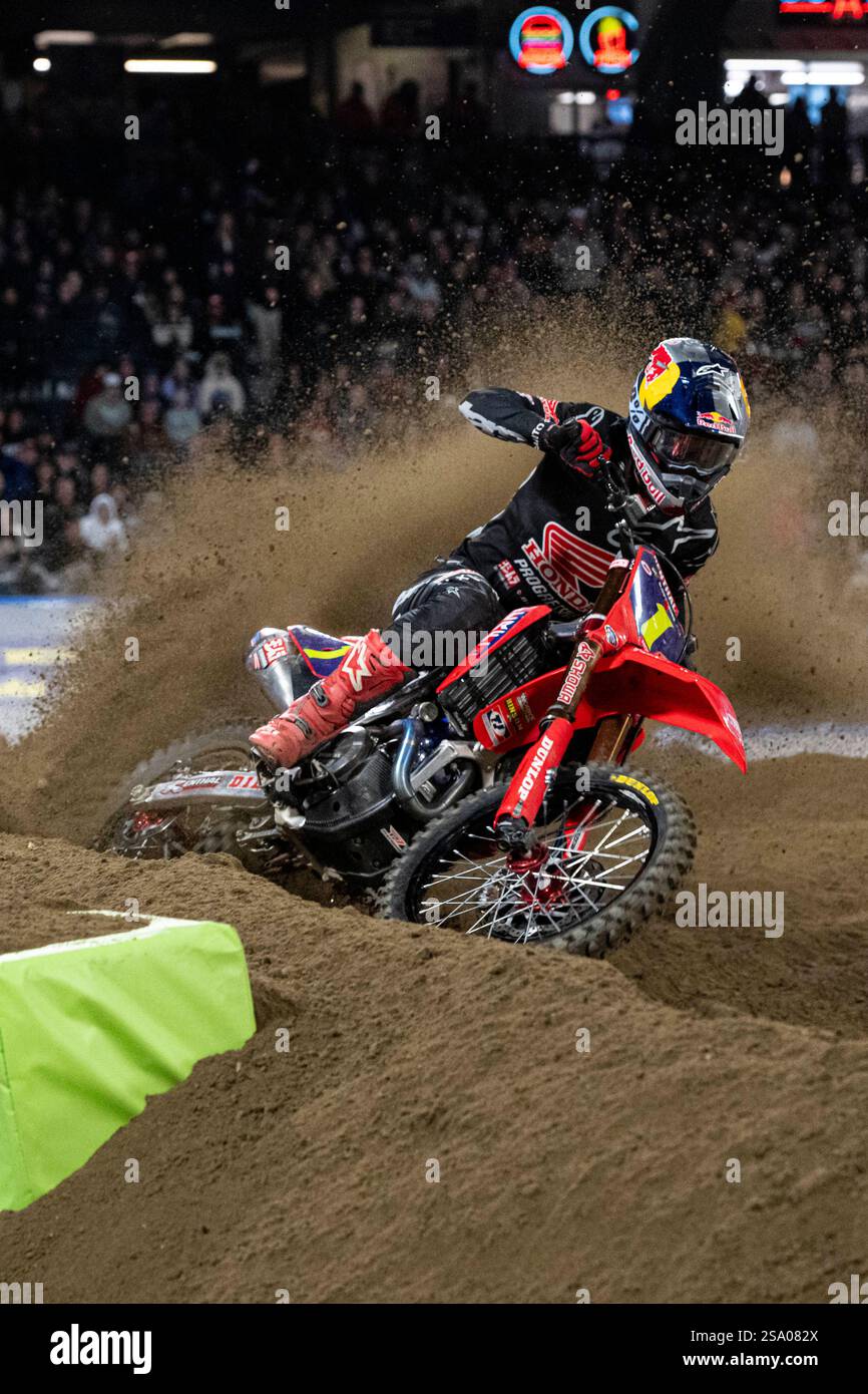 Anaheim, United States. 25th Jan, 2025. Jett Lawrence (1) rounds the ...