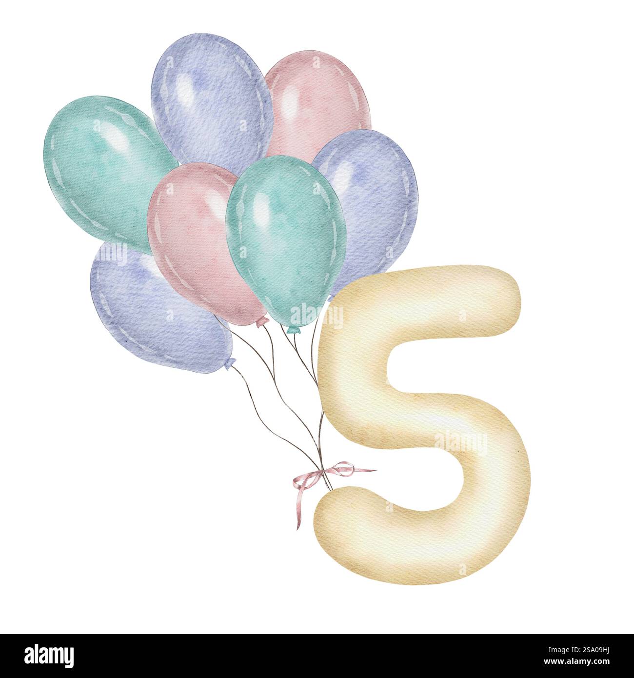 Colorful watercolor illustration of number five with balloons in pastel ...