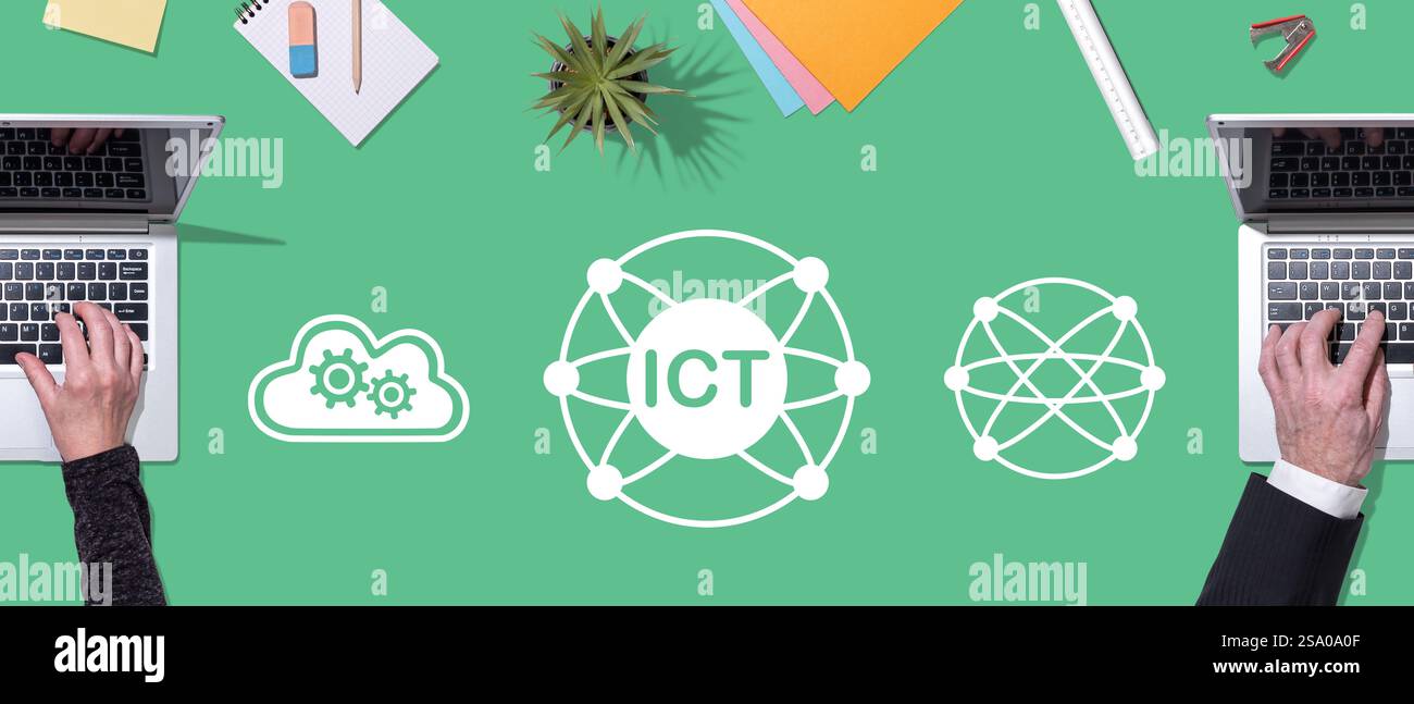 Top view of hands using laptop with symbol of ict concept Stock Photo ...