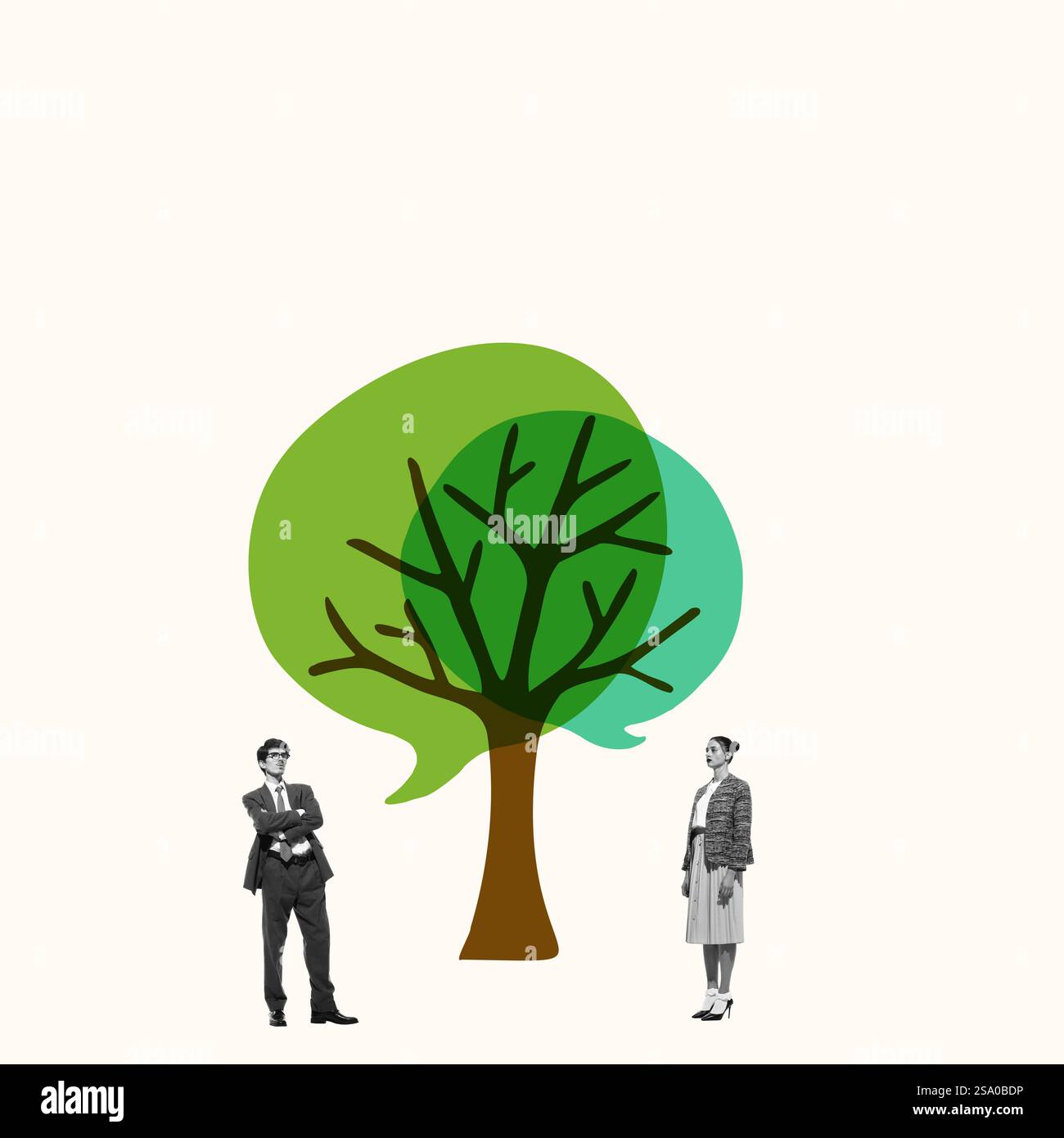 Man and woman standing next to symbolic tree with overlay of speech ...