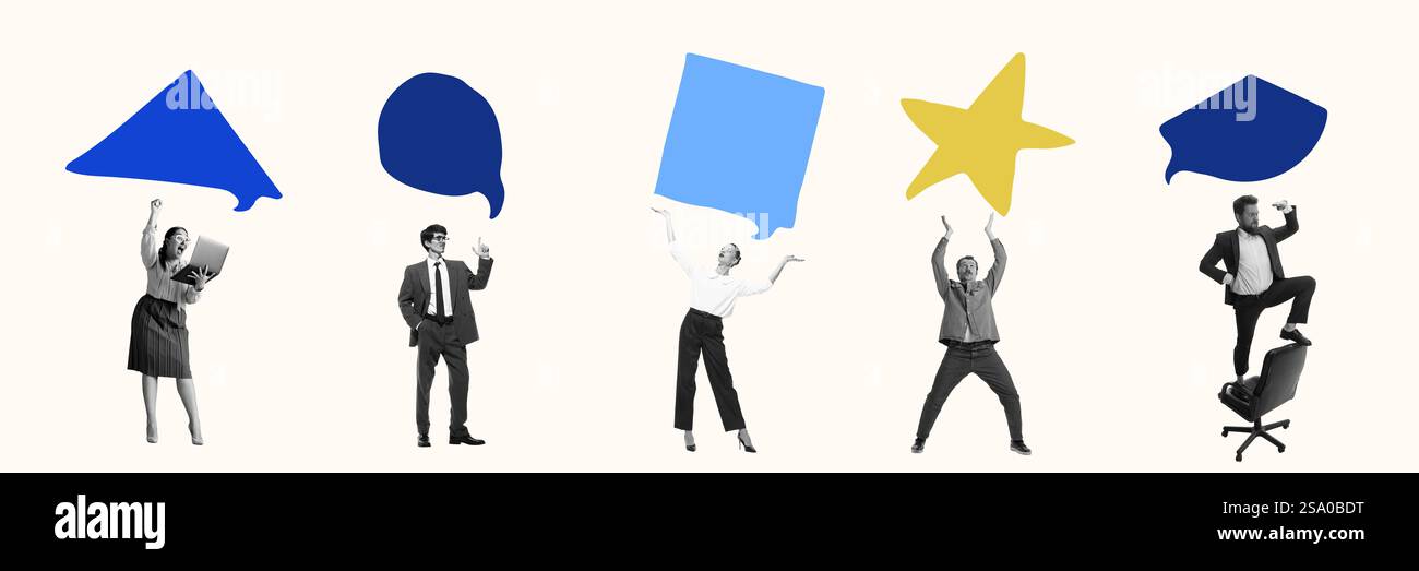 Business team interacting with speech bubbles in different shapes ...