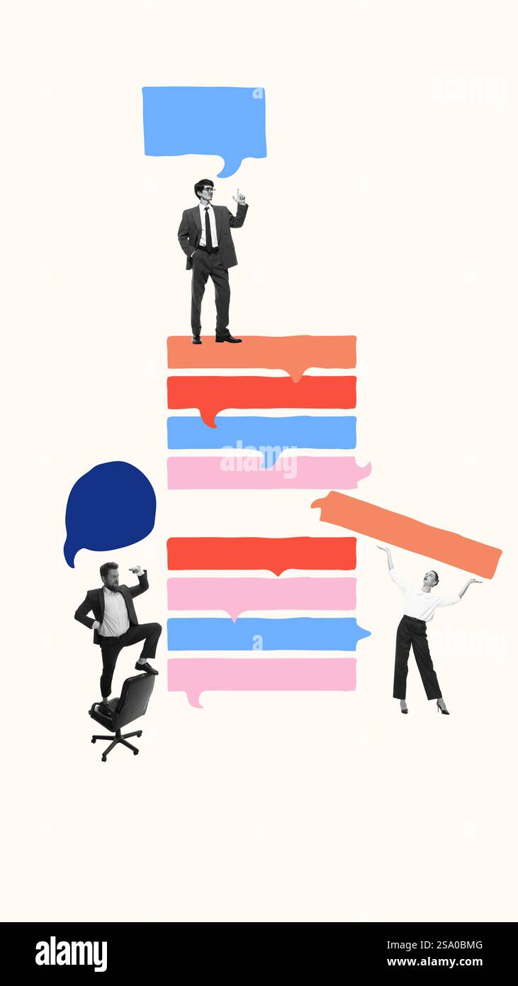 Businesspeople stacking colorful blocks in shape speech bubbles ...