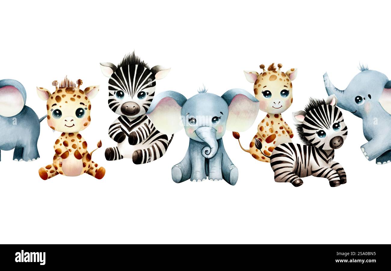 Seamless border, banner, cute baby african animals. Giraffes, zebras ...