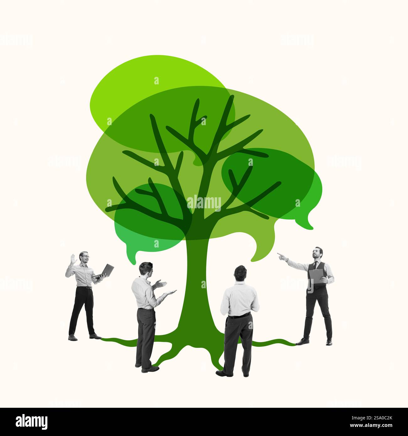 Business team gathered around tree with overlapping green speech ...