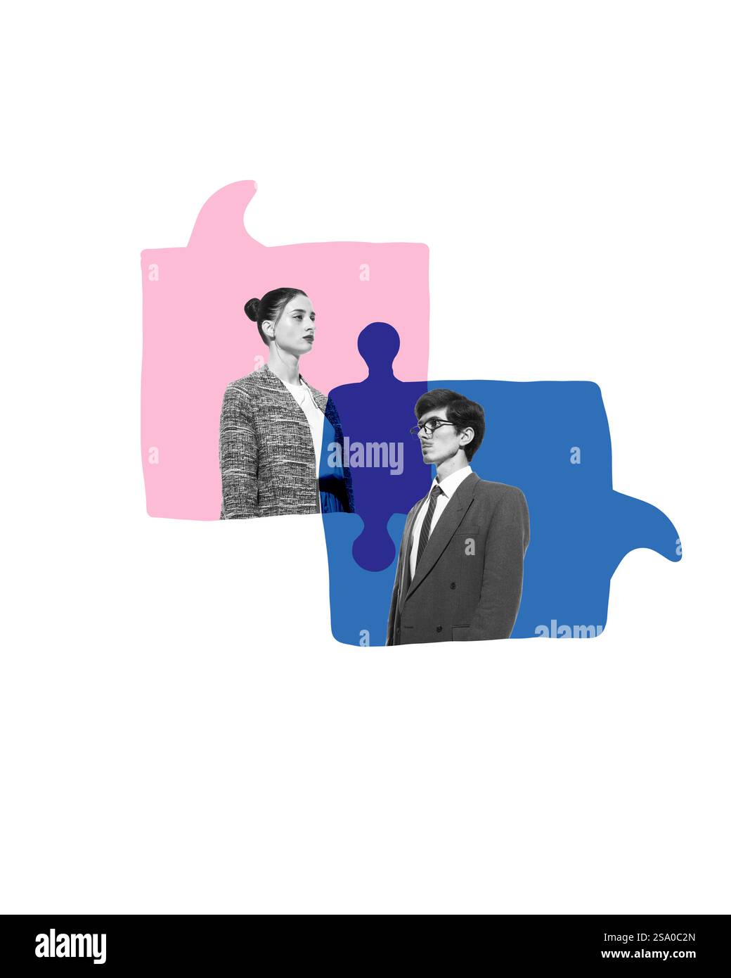 Two professionals facing each other within interlocking puzzle-shaped ...