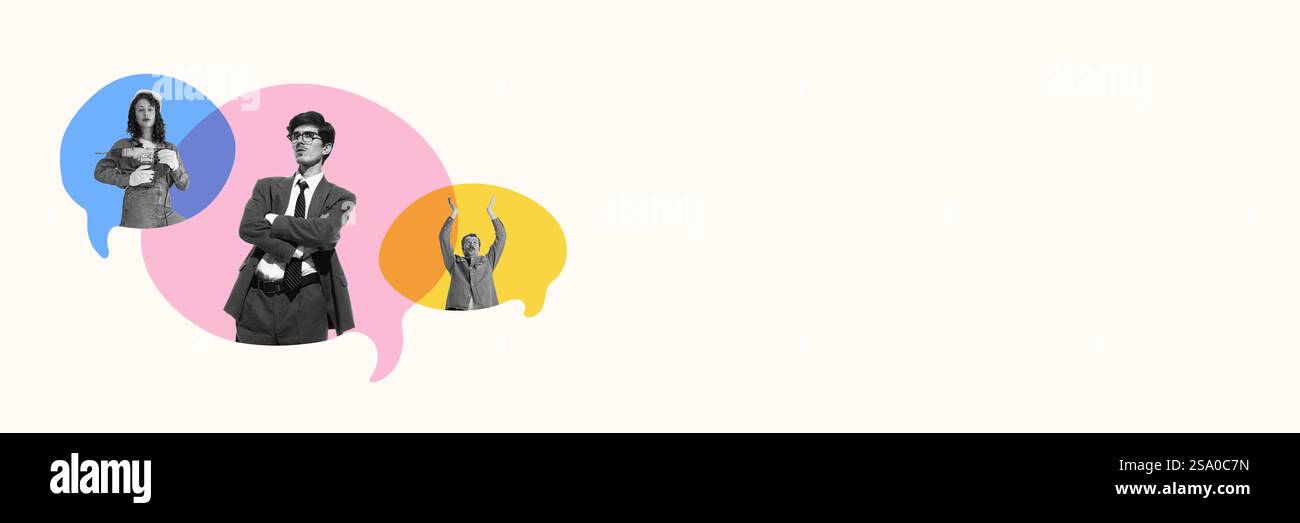 Professionals standing and interacting inside colorful overlapping ...