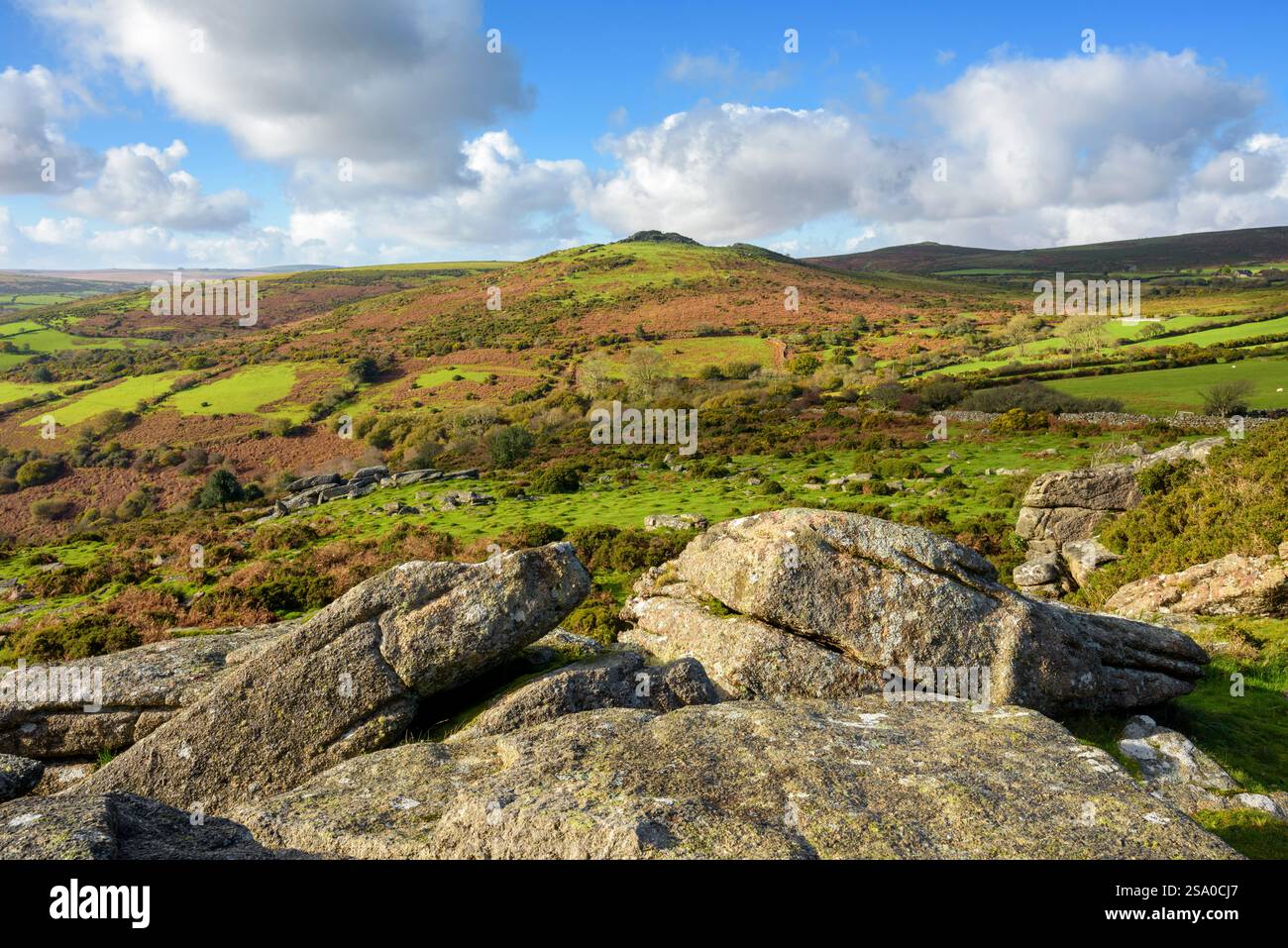 The granite rocks of Mel Tor with the Sharp Tor and Yar Tor beyond in ...