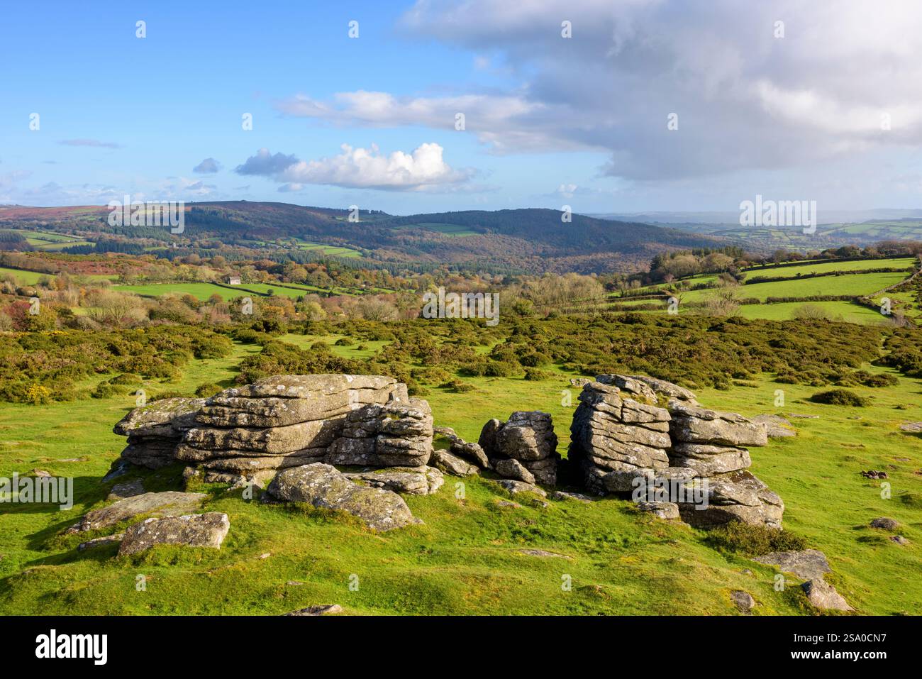 The granite rocks of Mel Tor with Buckland Beacon and Holne Chase ...