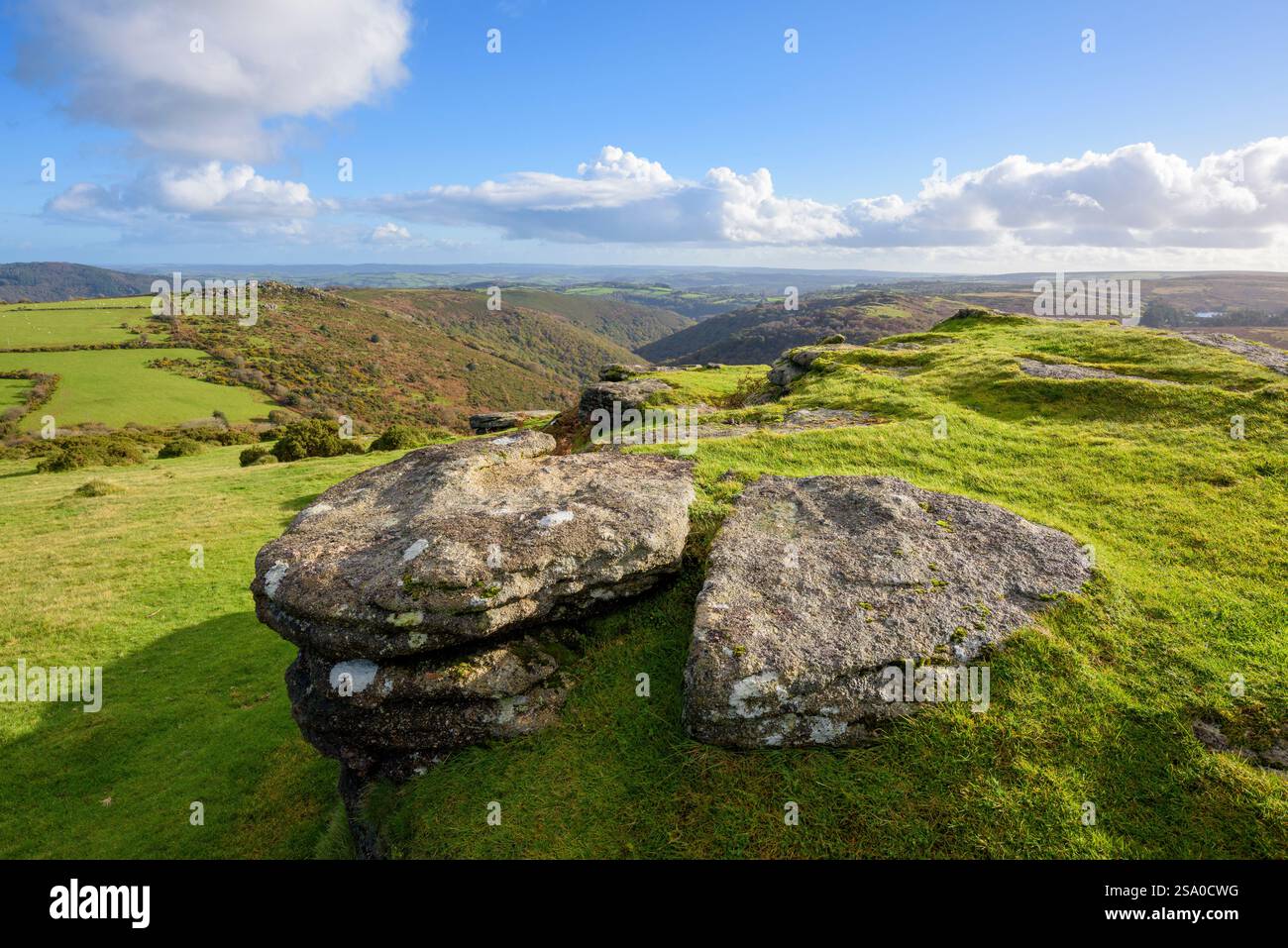 The granite rocks of Sharp Tor with the Dart Valley beyond in Dartmoor ...