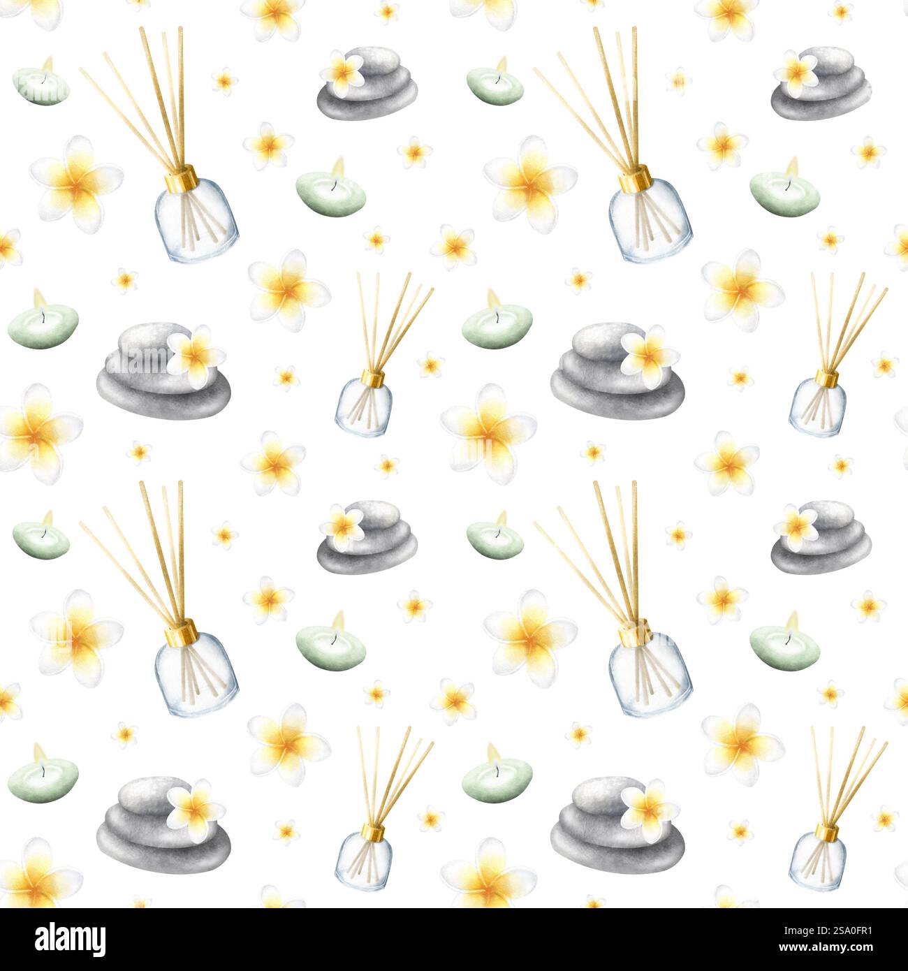 Aroma diffuser, candles, plumeria flowers and stack pebbles. Hand drawn ...